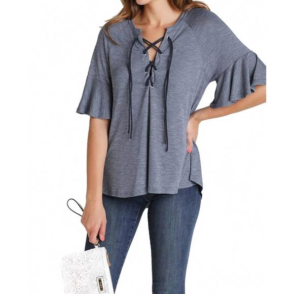 Umgee | Tops | New Umgee Lace Up Bell Sleeve Top In Navy | Poshmark
